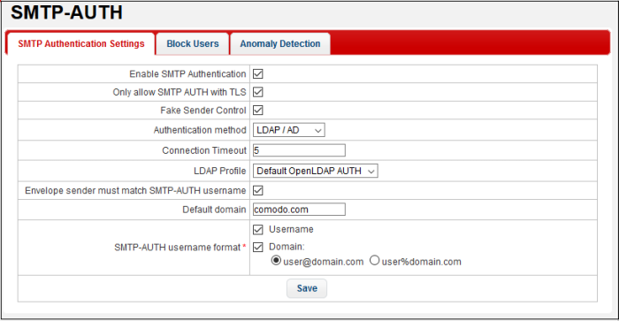 SMTP Authentication Settings, SMTP Server Authentication, Comodo KoruMail | Comodo